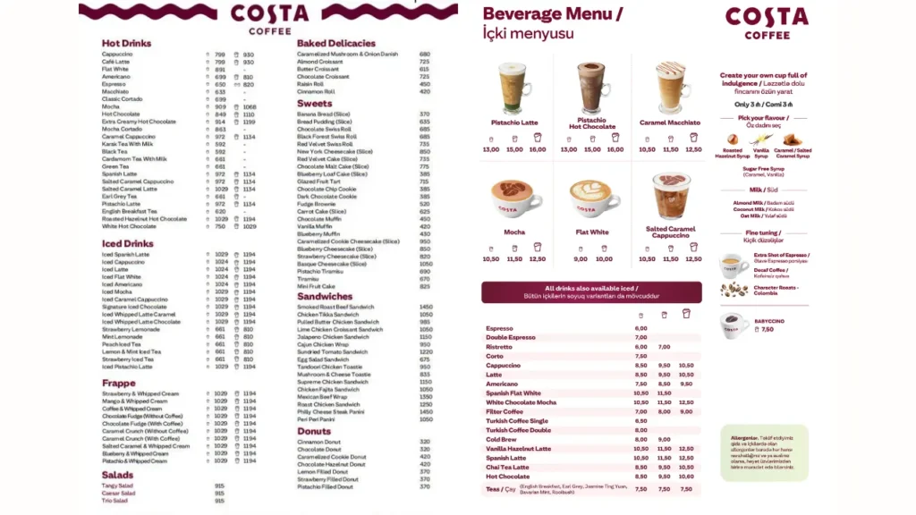 Costa Menu Price Locations Updated 2025